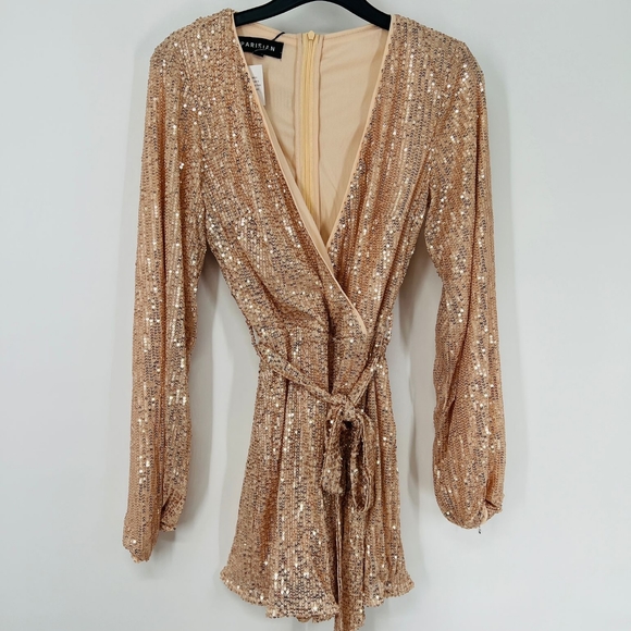 Pants & Jumpsuits | Gold Sequins Long Sleeve Vneck Belted Romper ...